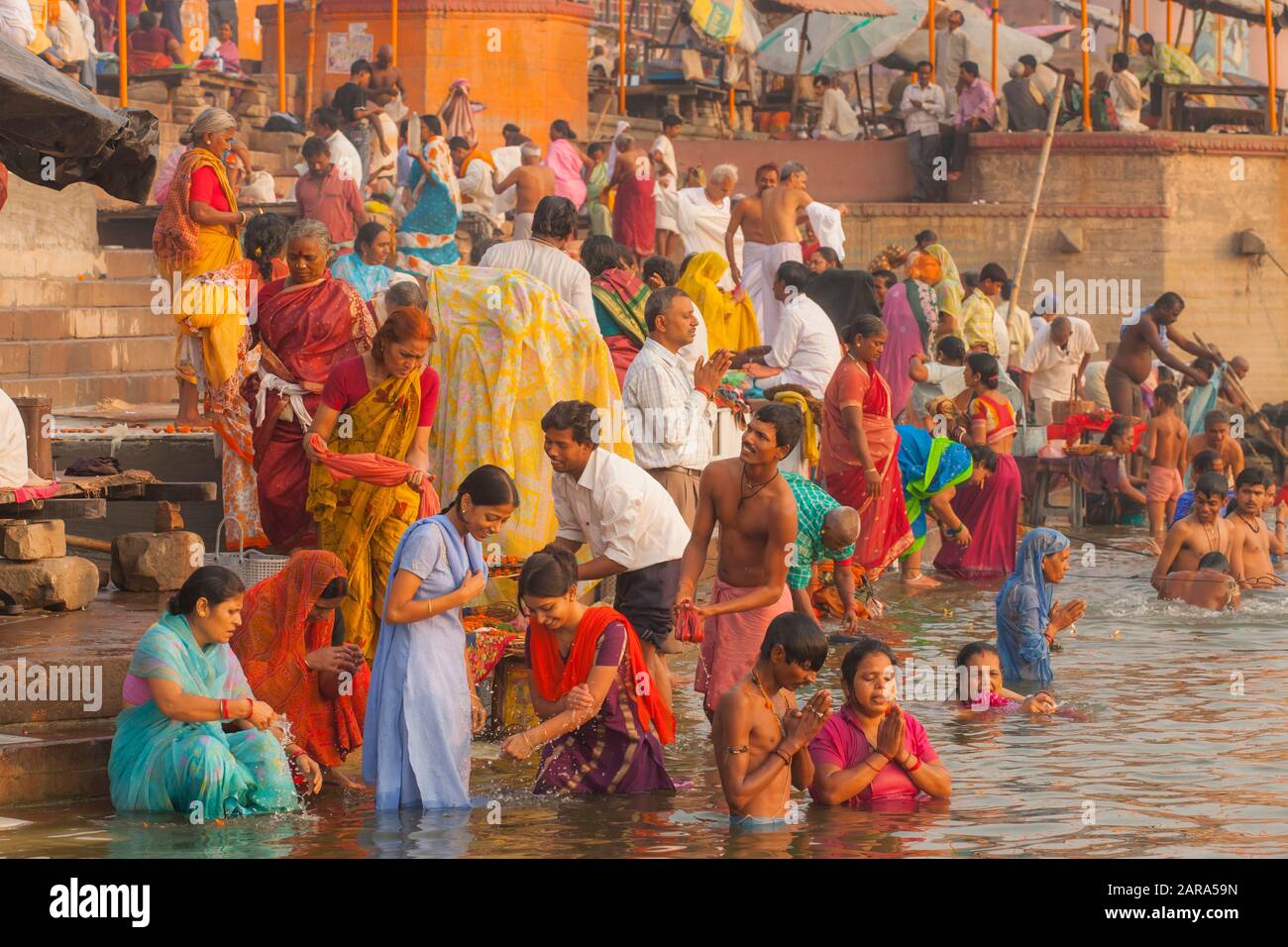 In the morning, Prayer at ghats of holy Ganges river, also Ganga river ...