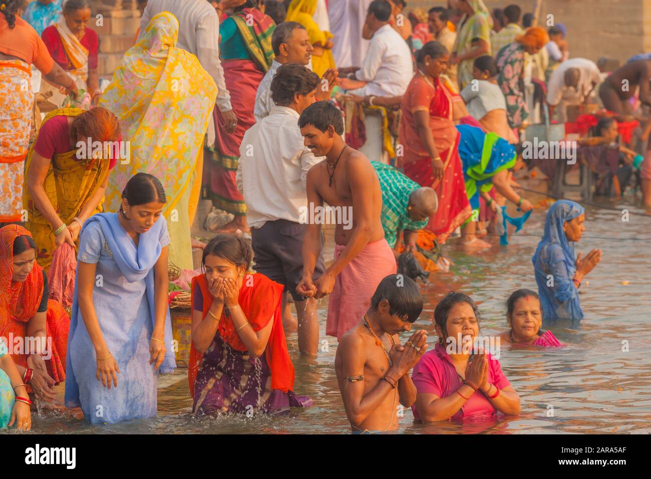 In the morning, Prayer at ghats of holy Ganges river, also Ganga river ...