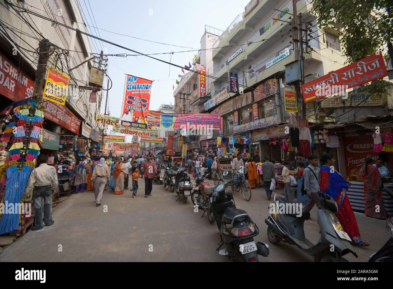 Down town and main street of holy Varanasi, also Benares, Banaras ...