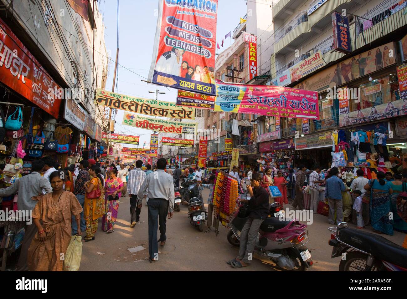 Down town and main street of holy Varanasi, also Benares, Banaras ...