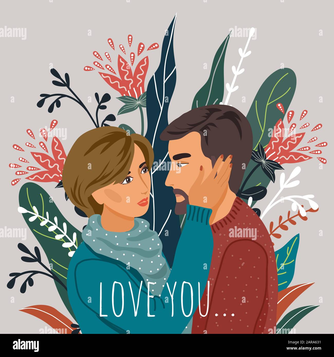 Hugging couple and bouquet of flowers. Cute flat valentines day vector ...