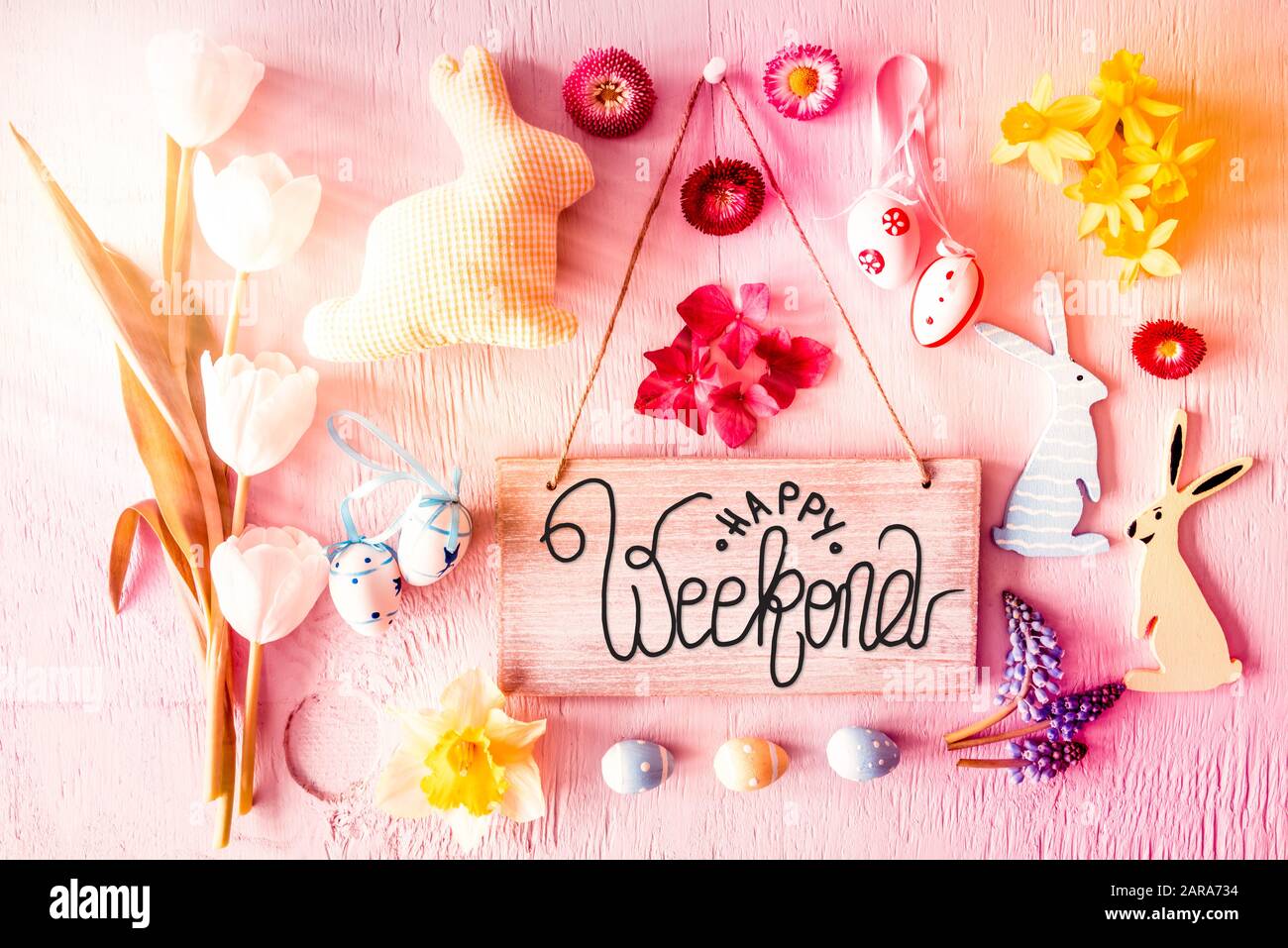 Sunny Nostalgic Easter Flat Lay, Sign, Calligraphy Happy Weekend Stock ...