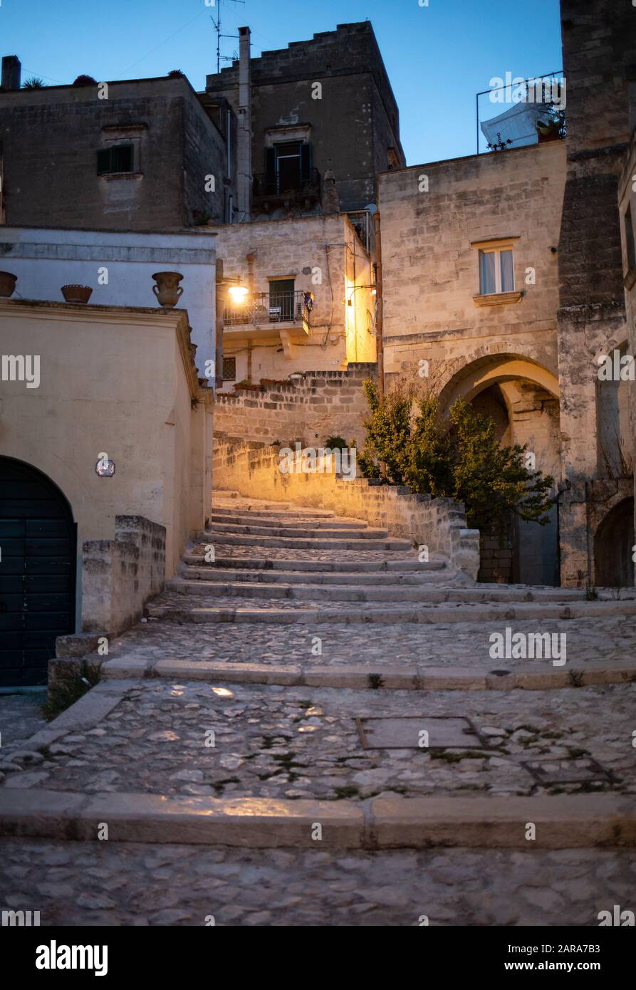Typical cobbled stairs in a side street alleyway iin the Sassi di ...