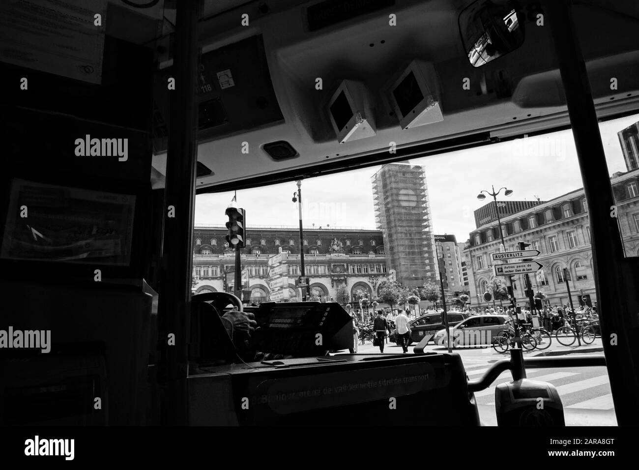 Through a bus window Black and White Stock Photos & Images - Alamy