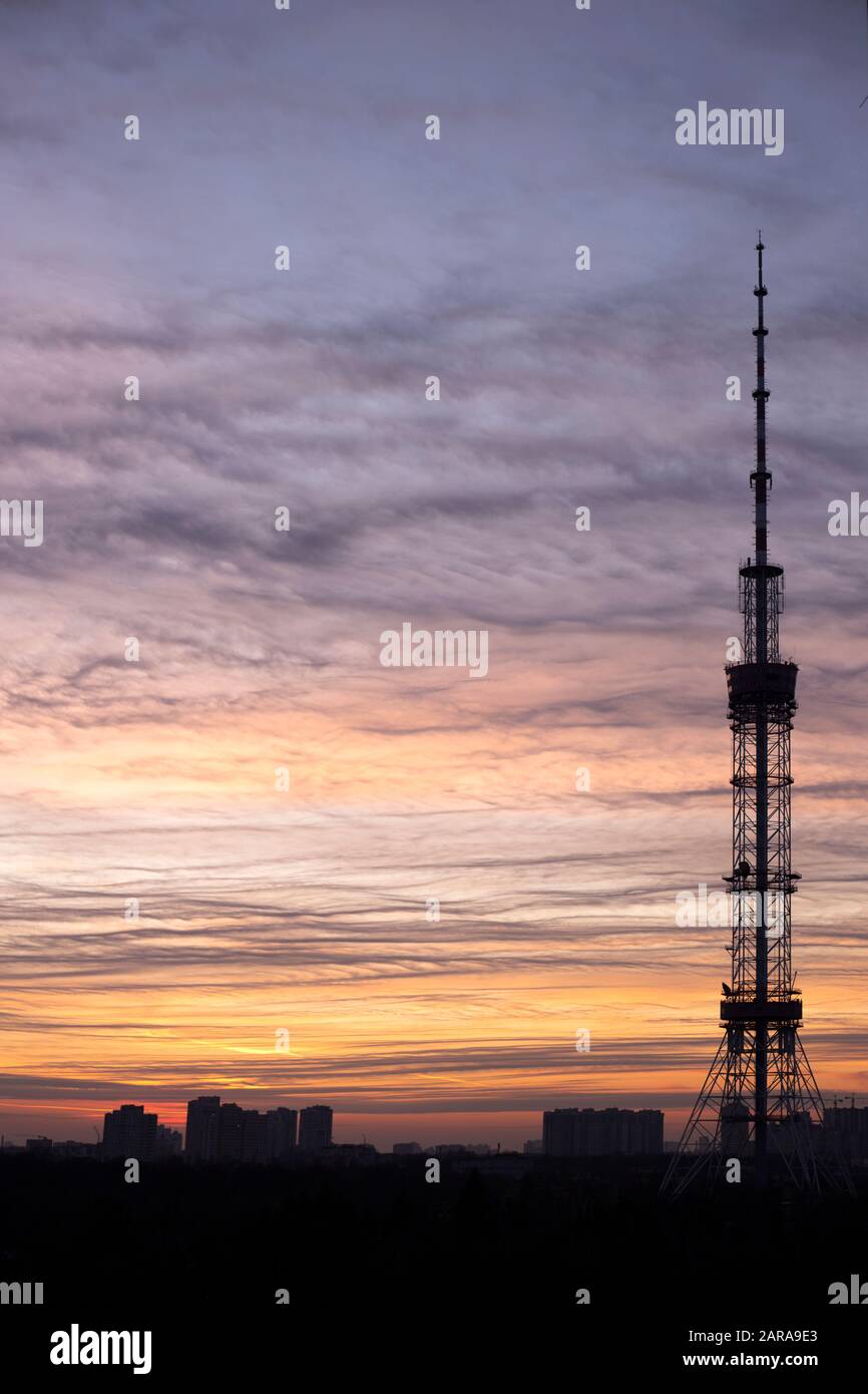 Telecommunication tower Antenna at sunset. Beautiful landscape Stock ...