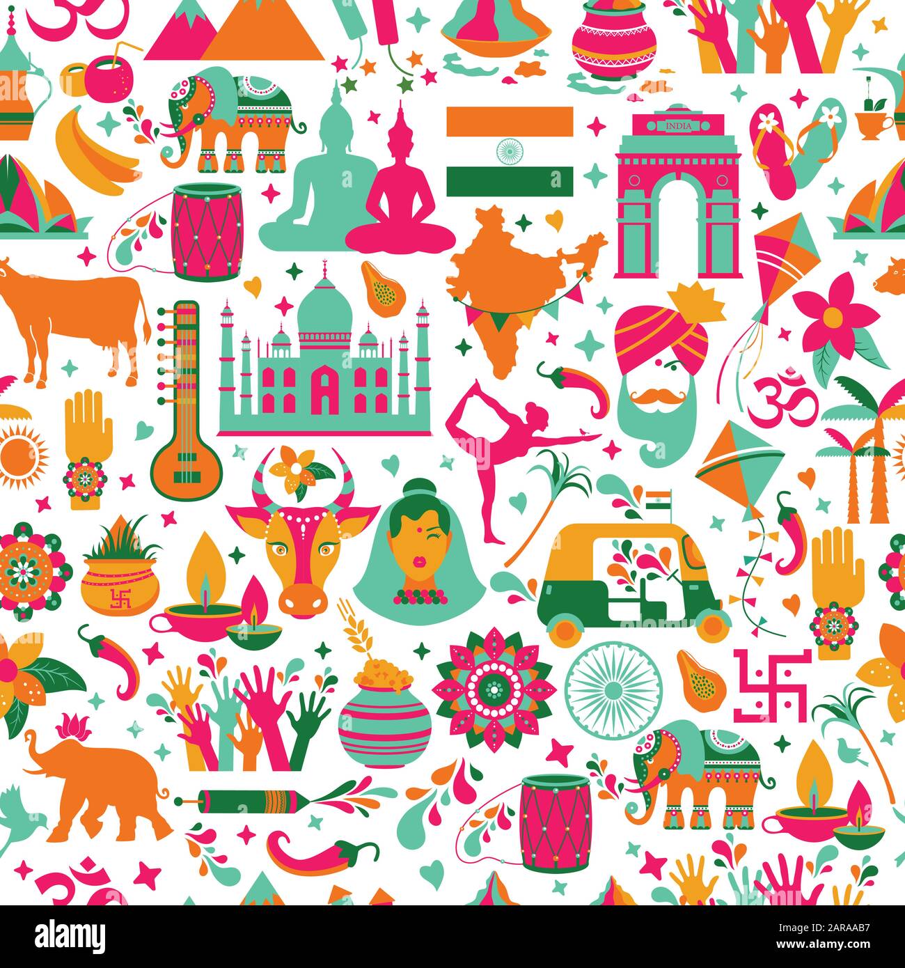 Traditional symbols of India seamless pattern on white background Stock ...