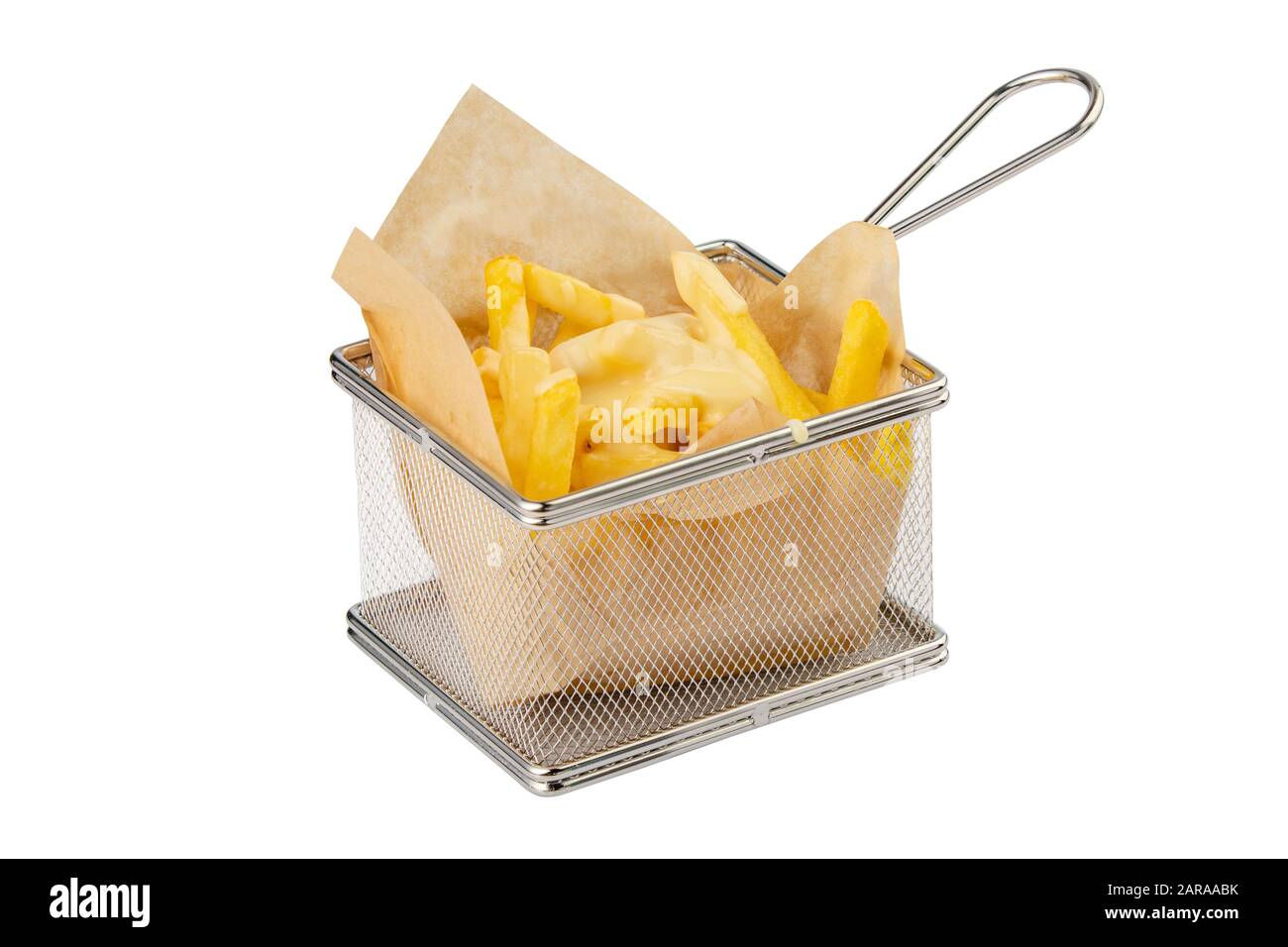 French fries served in a metallic mesh frying basket isolated on white ...