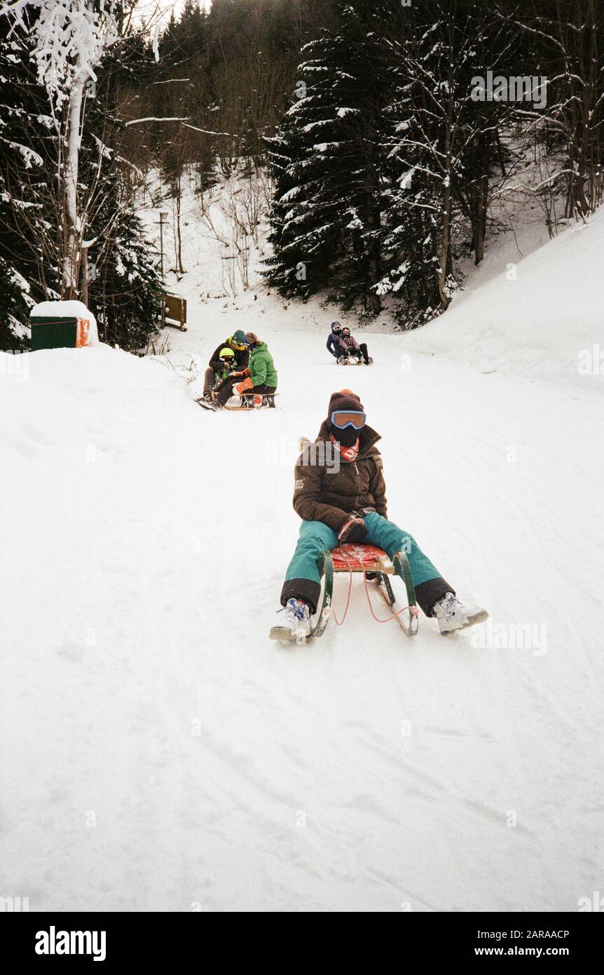 Tobogganing at Semmering ski resort, Lower Austria, Viennese alps ...