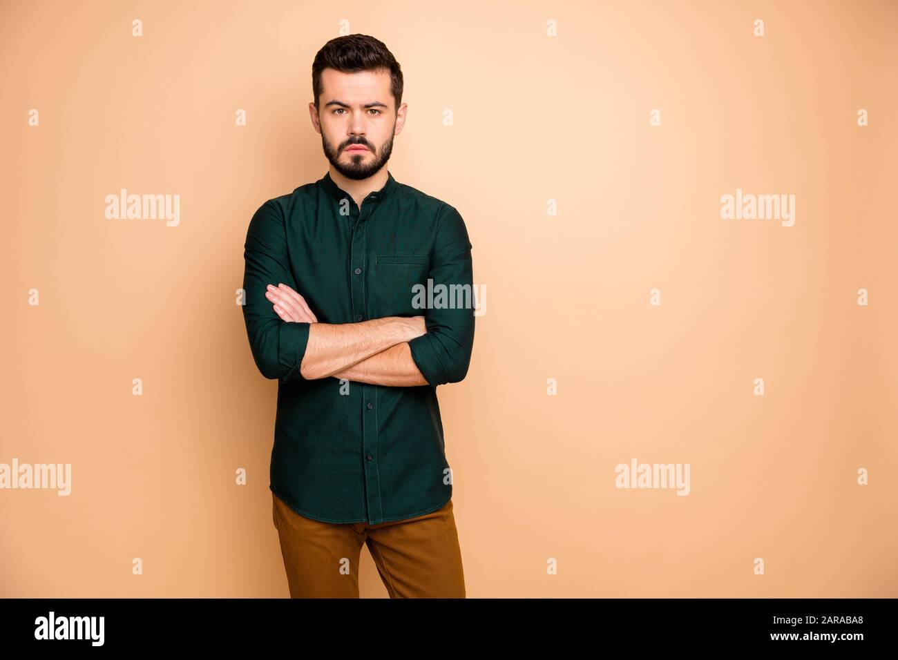 Portrait of focused guy real manager start-up agent cross hands boss ...