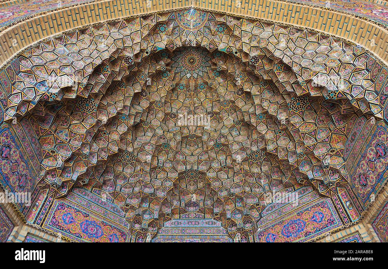 Colorful mosaic patterns and architectural details on the ceiling of ...