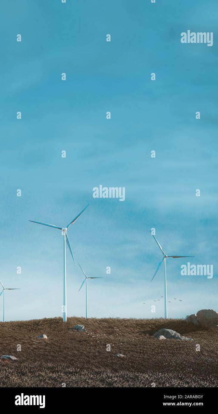 Wind turbines in the wold hills. Green energy concept Stock Photo - Alamy