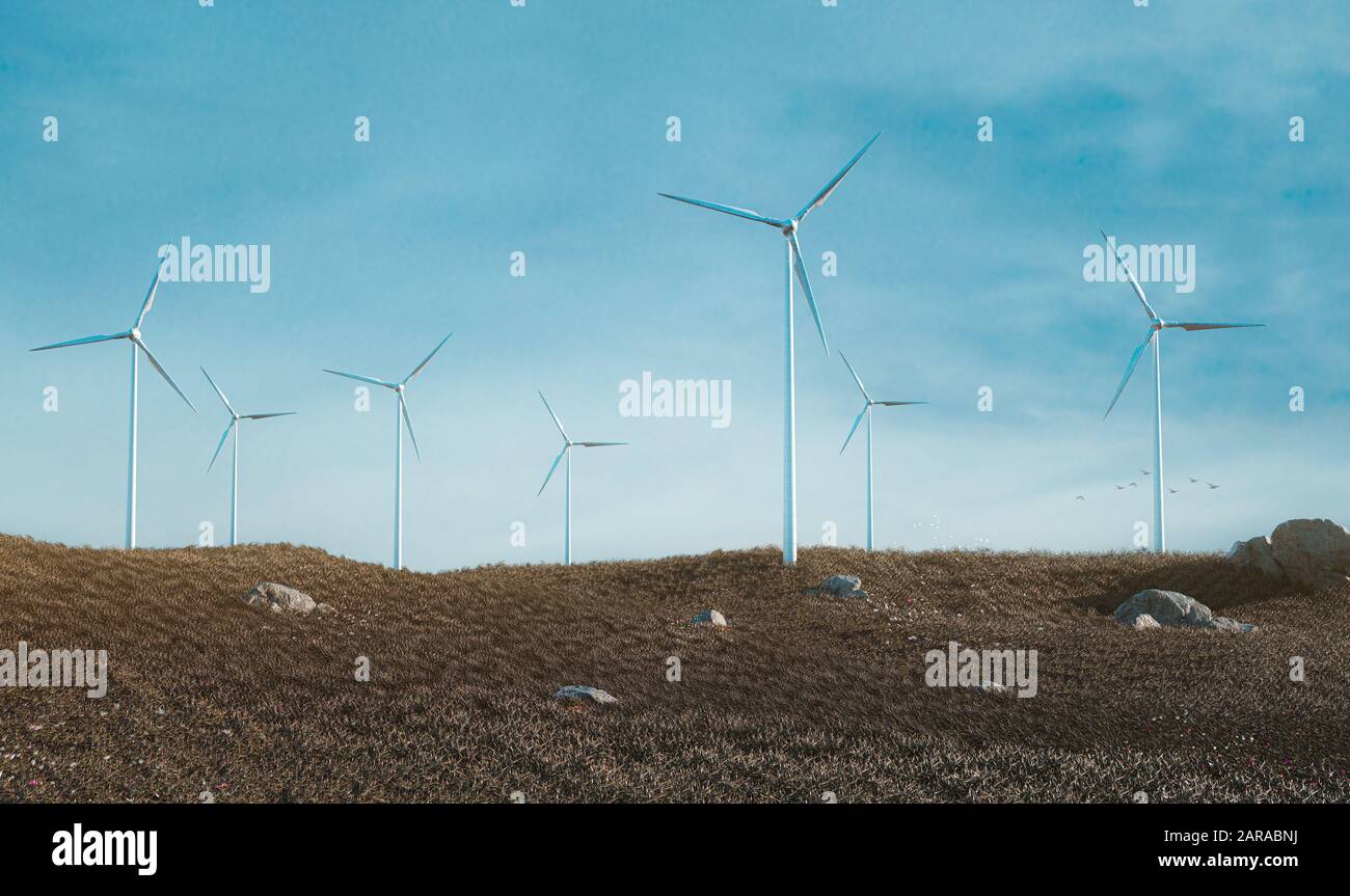 Wind turbines in the wold hills. Green energy concept Stock Photo - Alamy