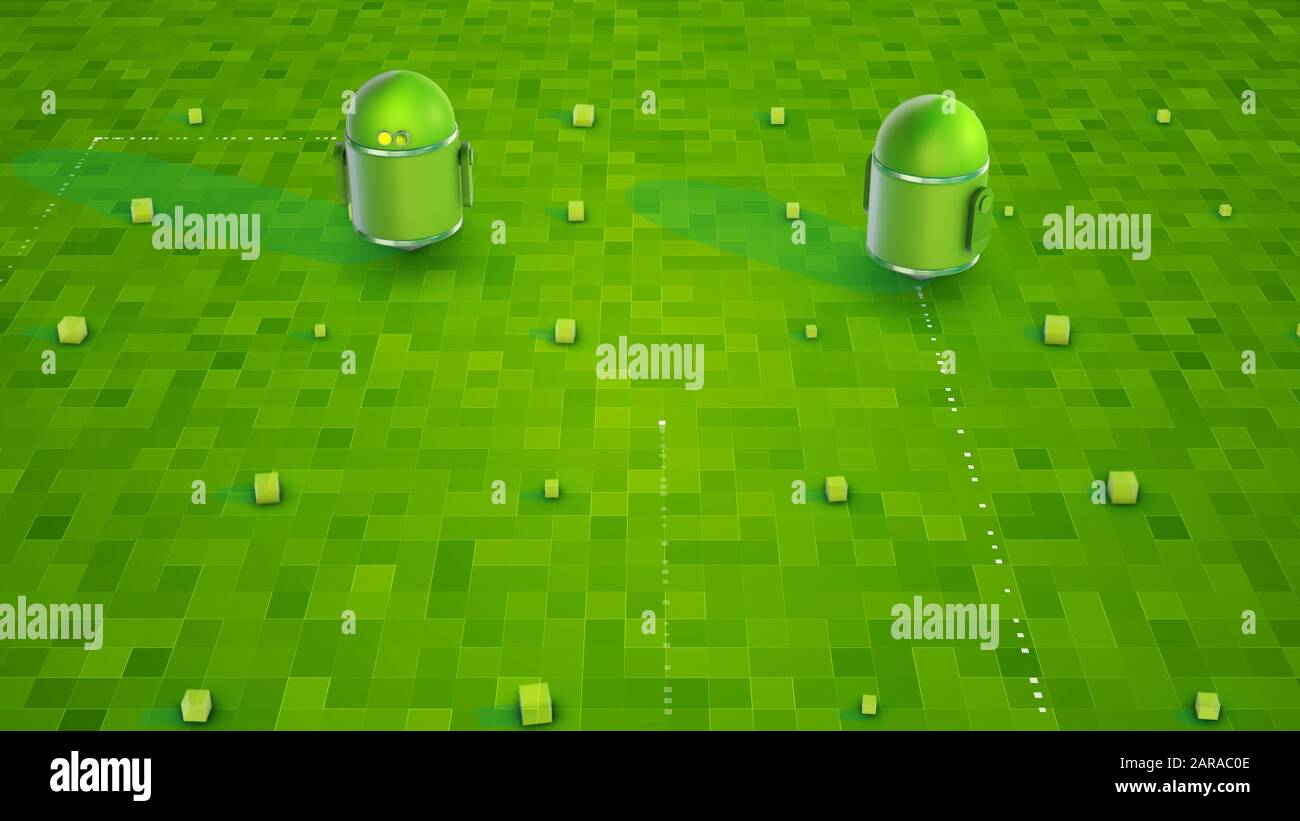 Volumetric 3d illustration of two sphere-shaped droids with yellow ...