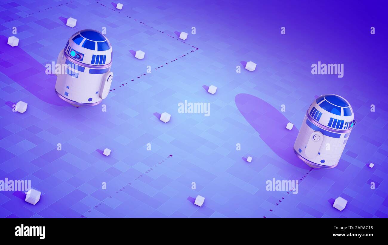 Neoteric 3d illustration of two upstart spherical droids with bright ...