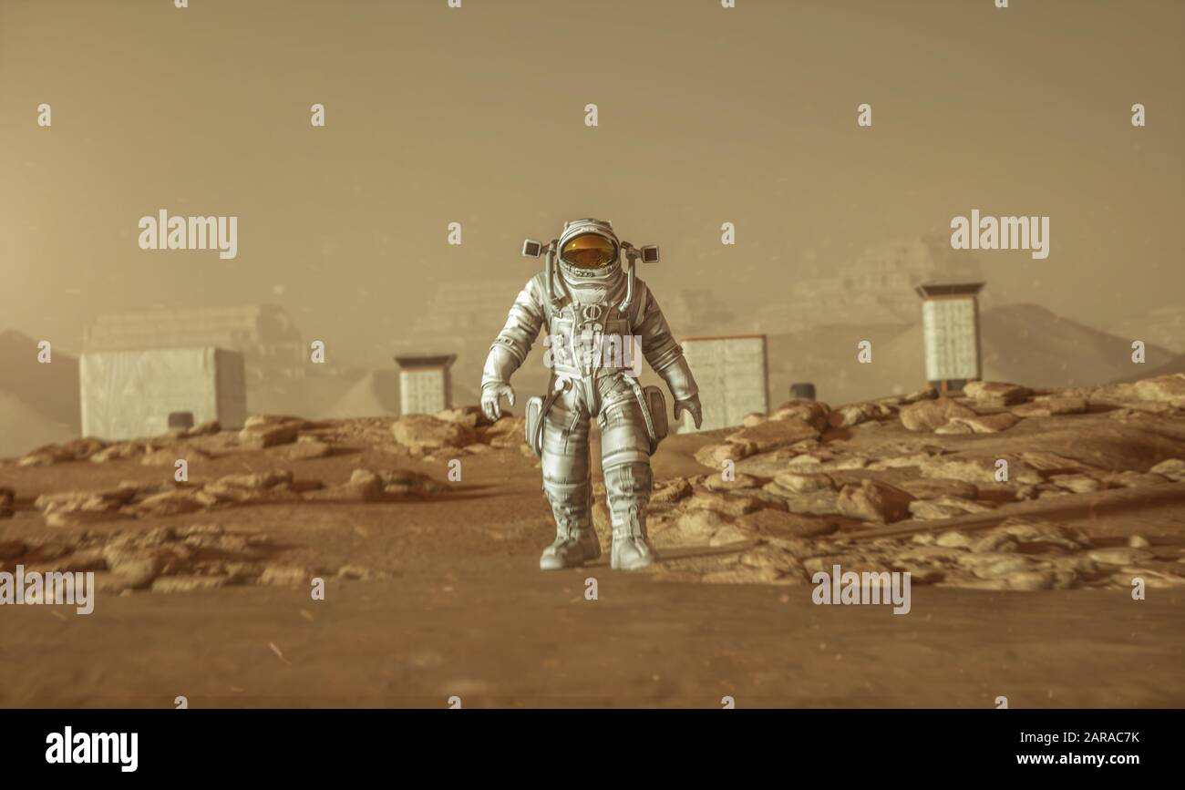 Brave Astronaut Confidently Walked on Mars Surface - 3D illustration ...