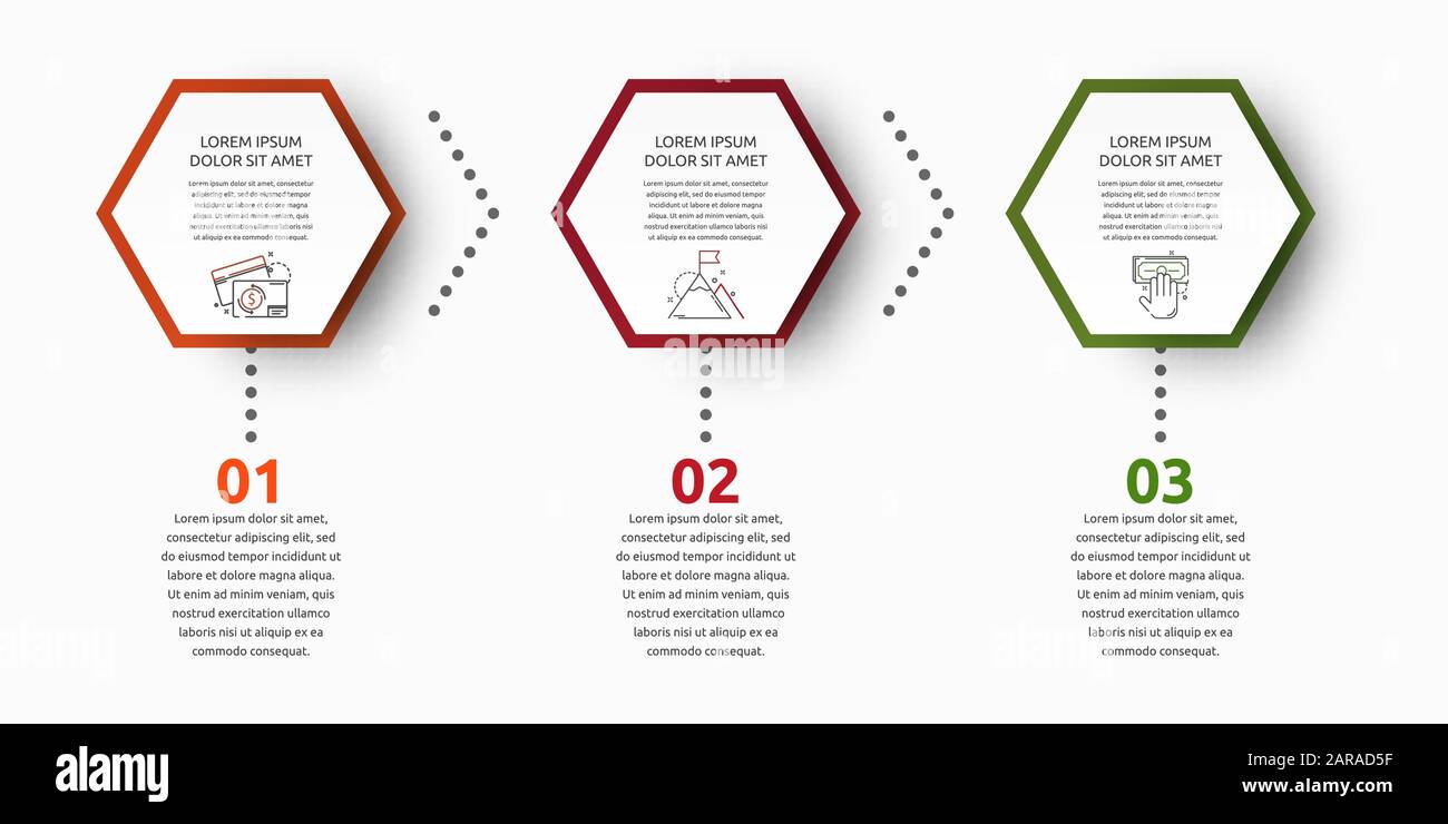 Vector infographic with 3 hexagons. Used for three diagrams, graph ...