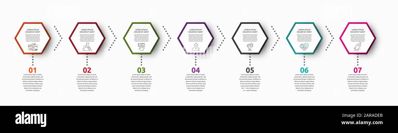 Vector infographic with 7 hexagons. Used for seven diagrams, graph ...