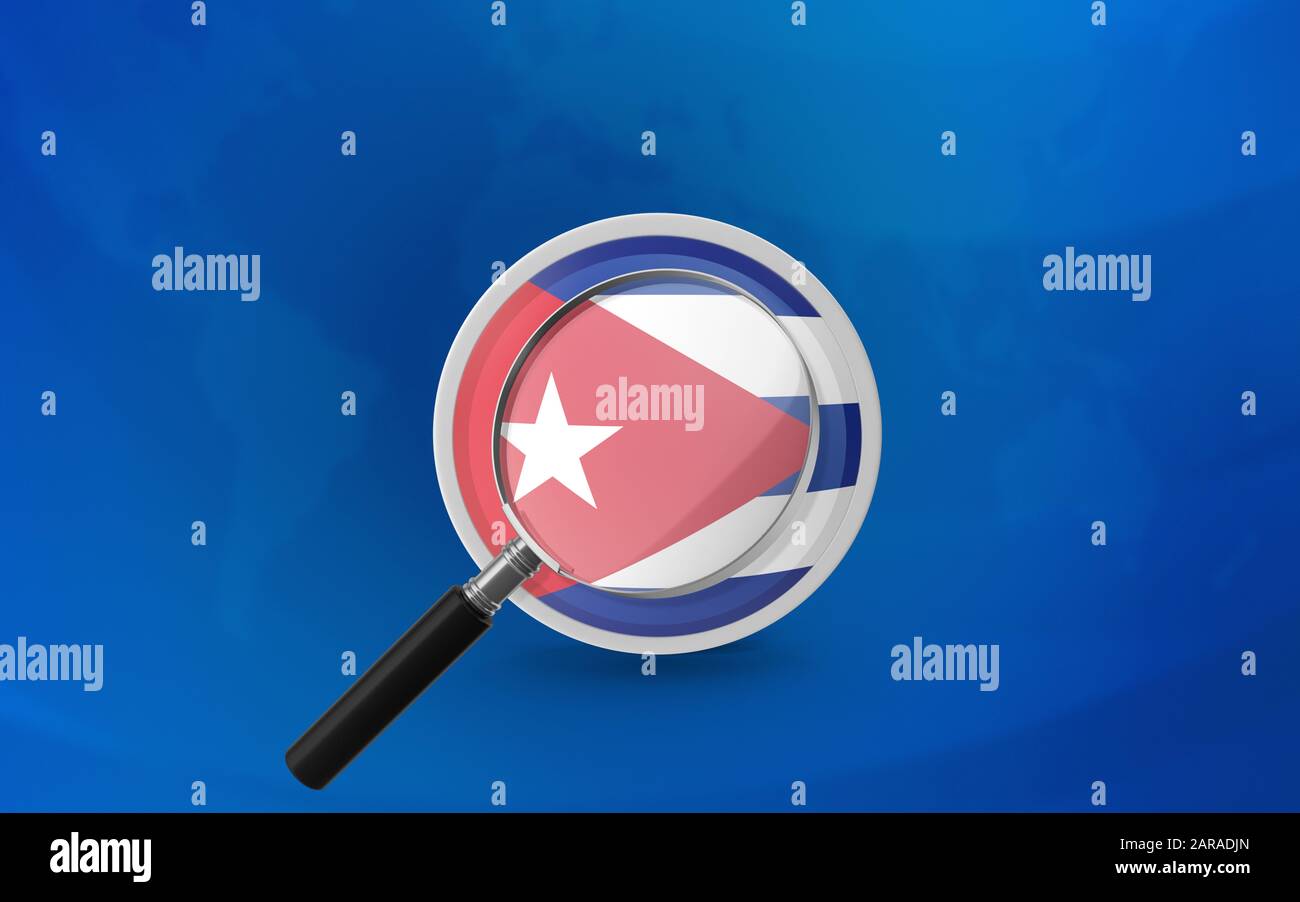 Cuban flag behind a magnifying glass. The flag badge has nicely ...