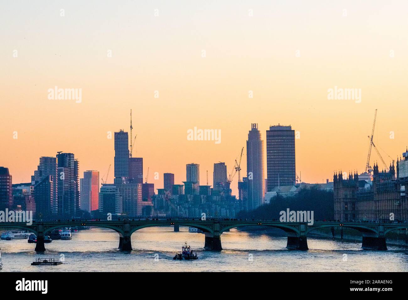 River Thames and London skyline at sunset from Westminster Bridge Stock ...