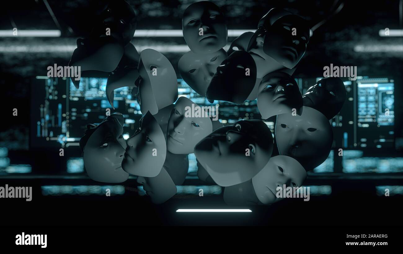 Masks of a hacktivist group at the data server - 3D Render Stock Photo ...
