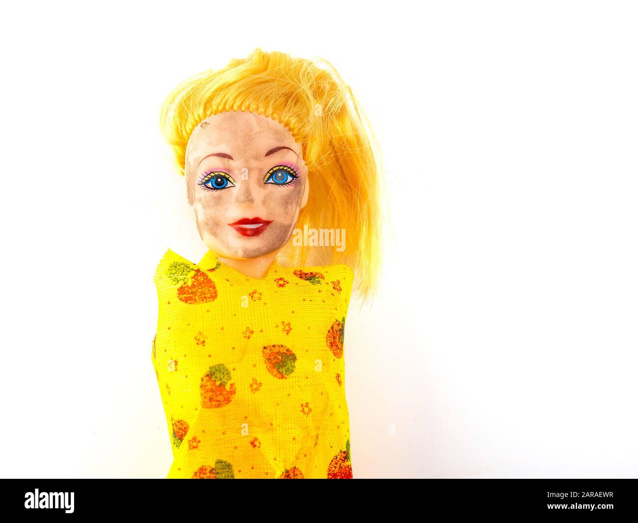 Weird Freaky Toy Doll Parts on White Background. Dirty face. Abandoned ...