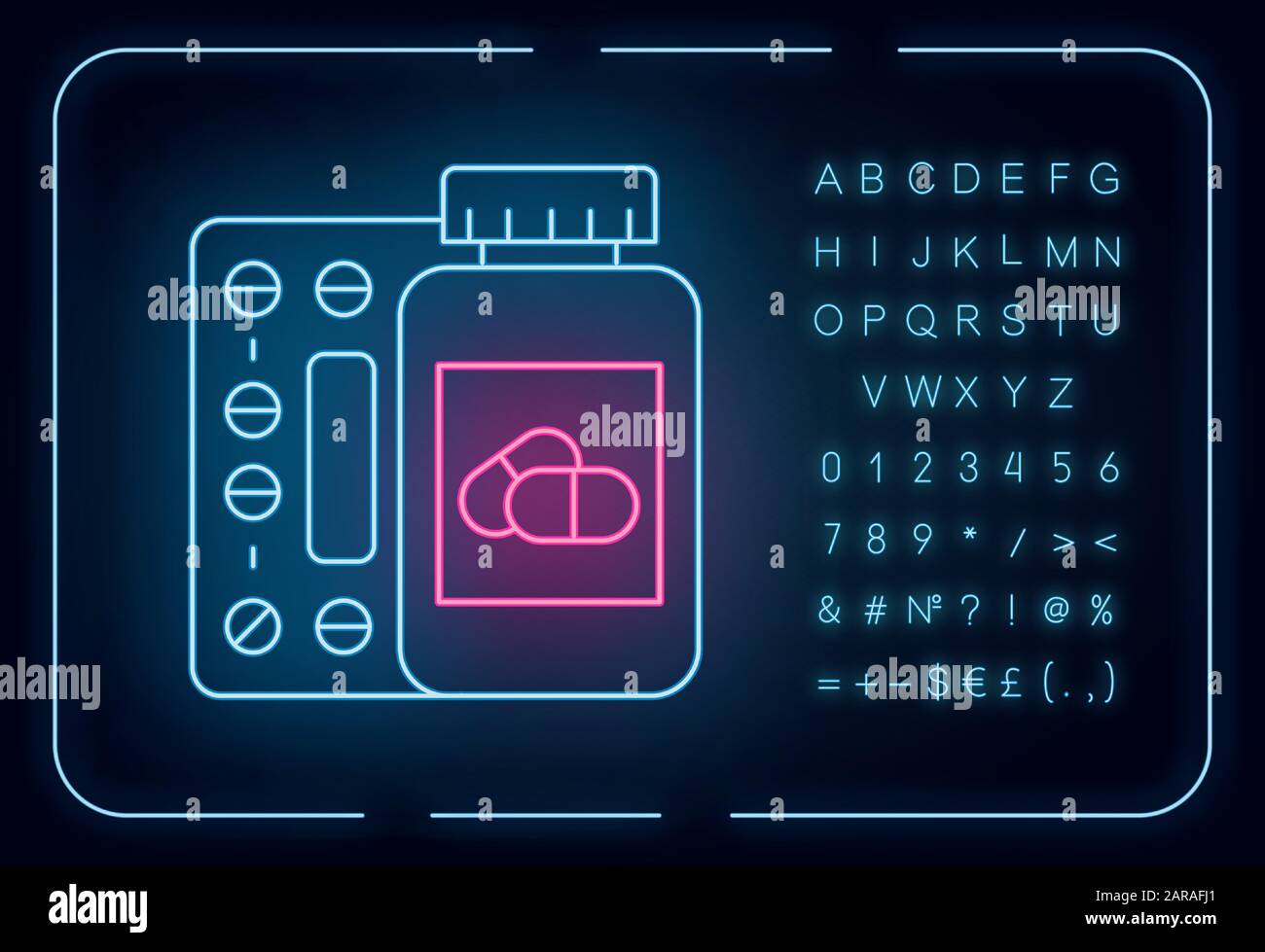 Medication neon light icon. Pills in bottle. Prescription and ...