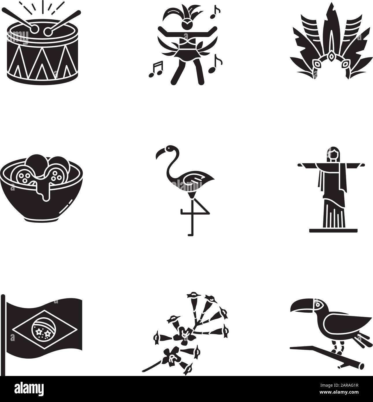 Brazilian culture black glyph icons set on white space. Traditional ...