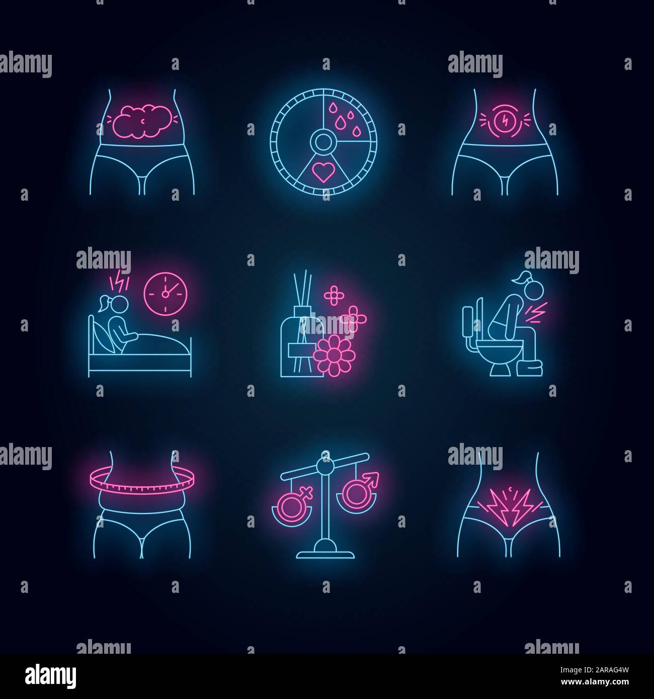 Menstrual cycle neon light icons set. Predmenstrual syndrome. Bloating ...