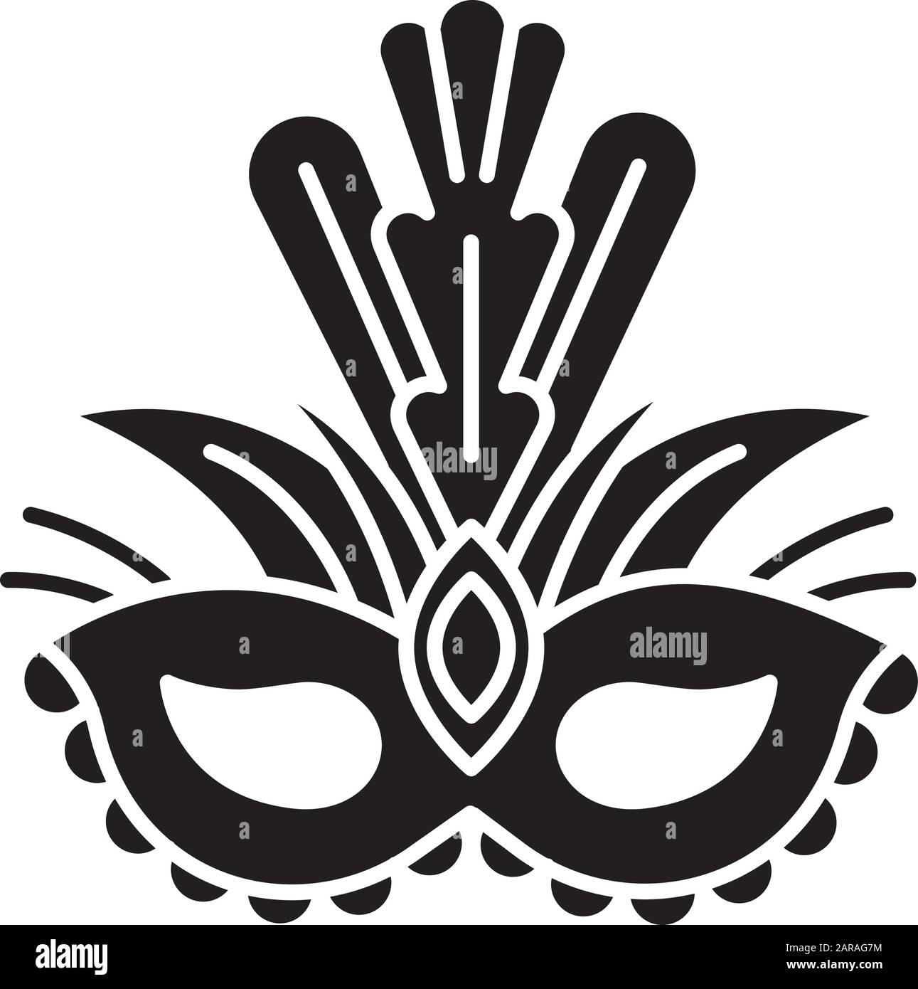 Masquerade mask black glyph icon. Traditional headwear with plumage ...