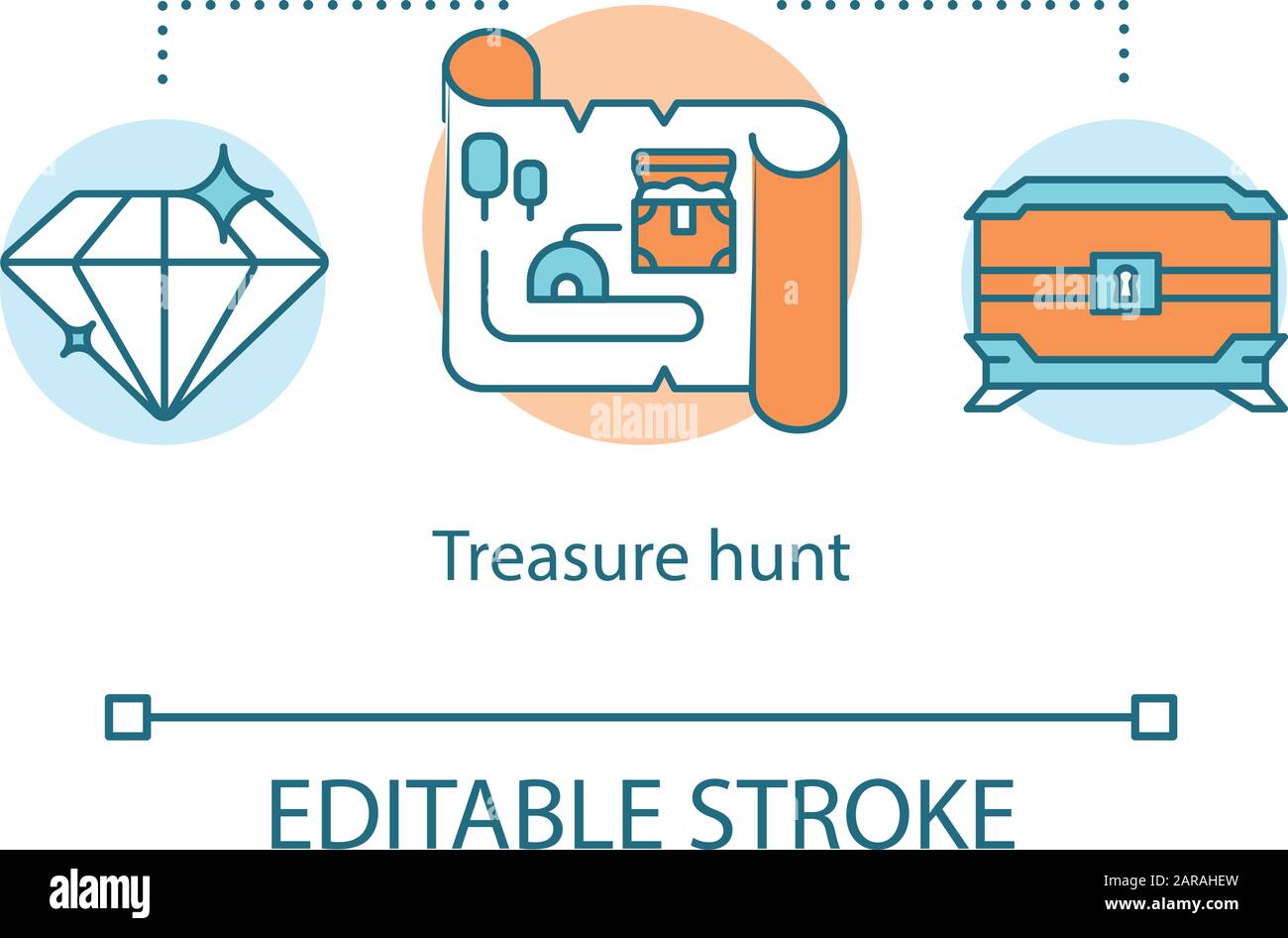 Treasure hunt concept icon. Search for jewel chest with map. Historical ...