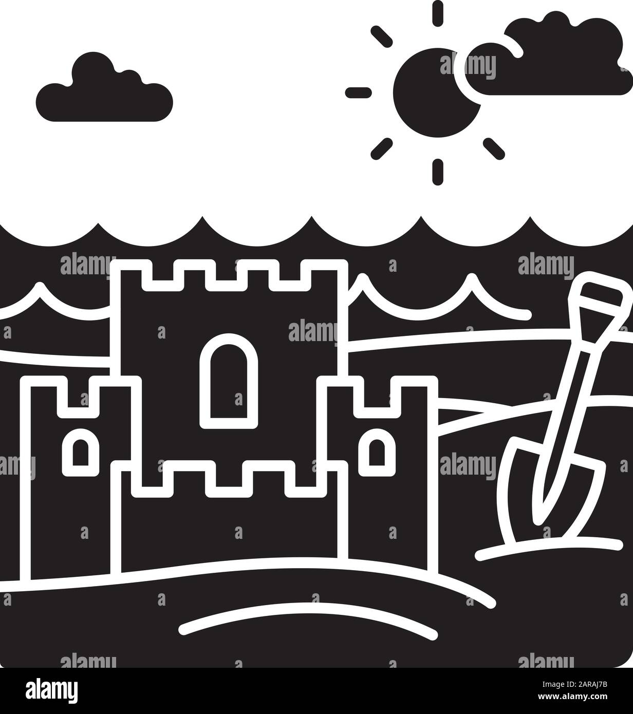 Ocean beach black glyph icon. Marine shore. Sand castle. Maritime ...