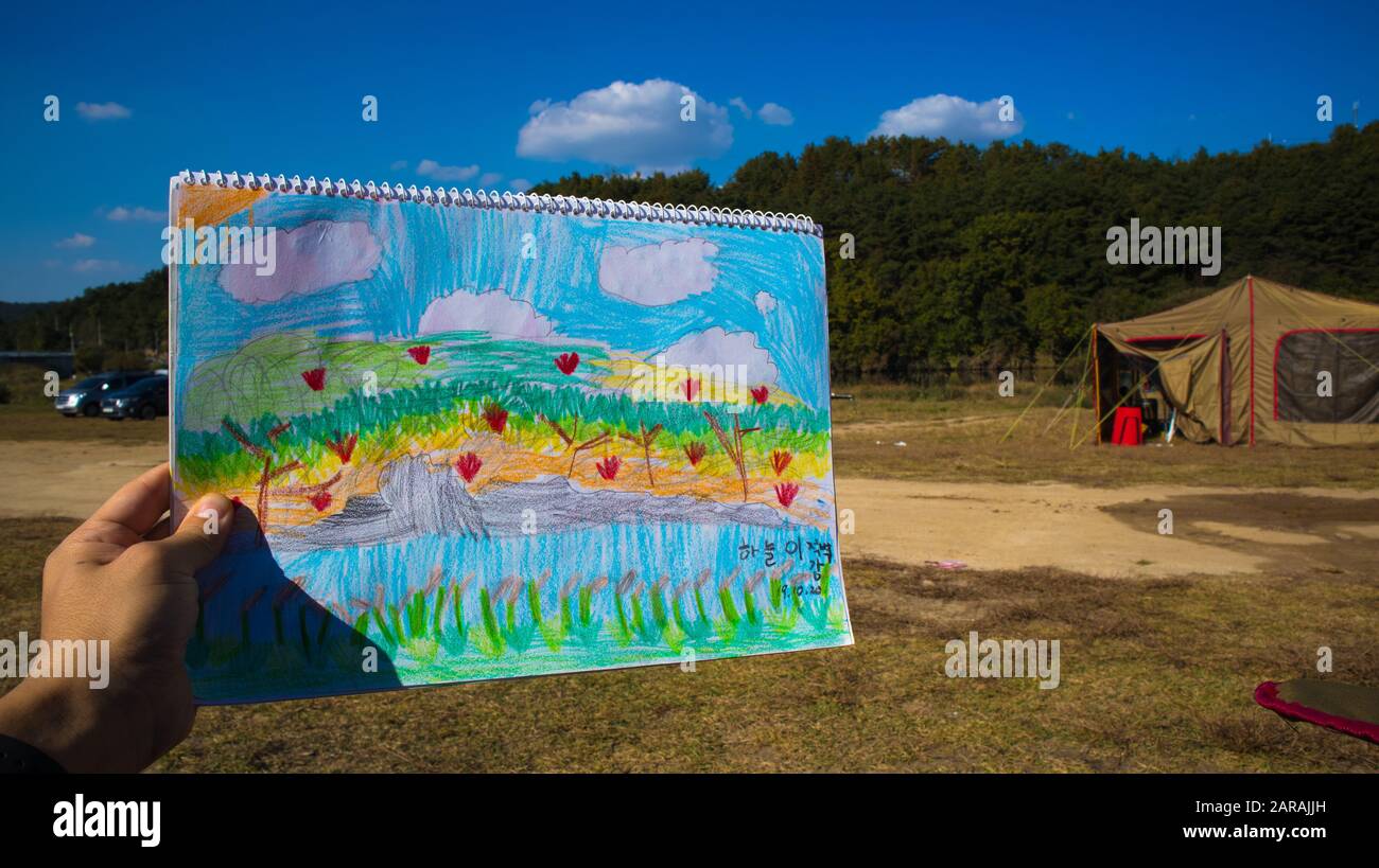 Drawn by daughter. Red wall river in Korea Stock Photo - Alamy