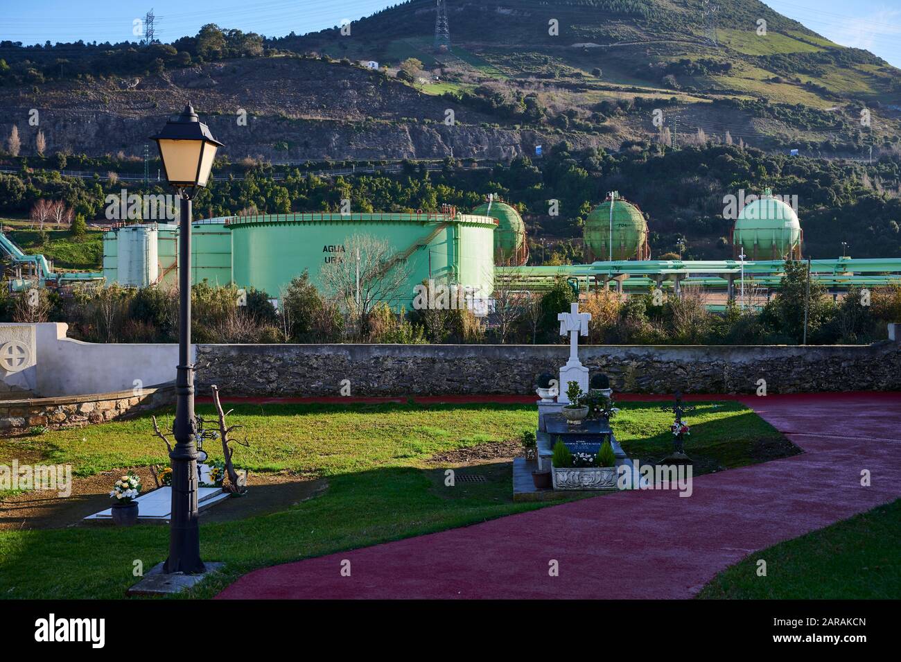 Entry of Cementery and Oil Refinery at Background, Petronor, San Julian ...