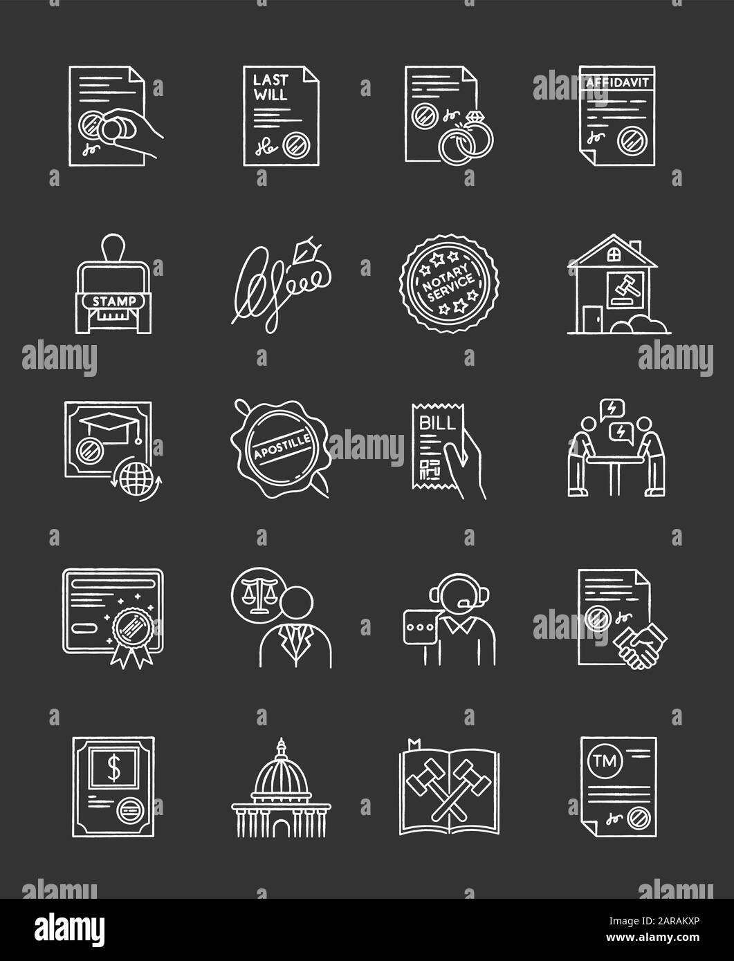 Notary services chalk white icons set on black background. Apostille ...