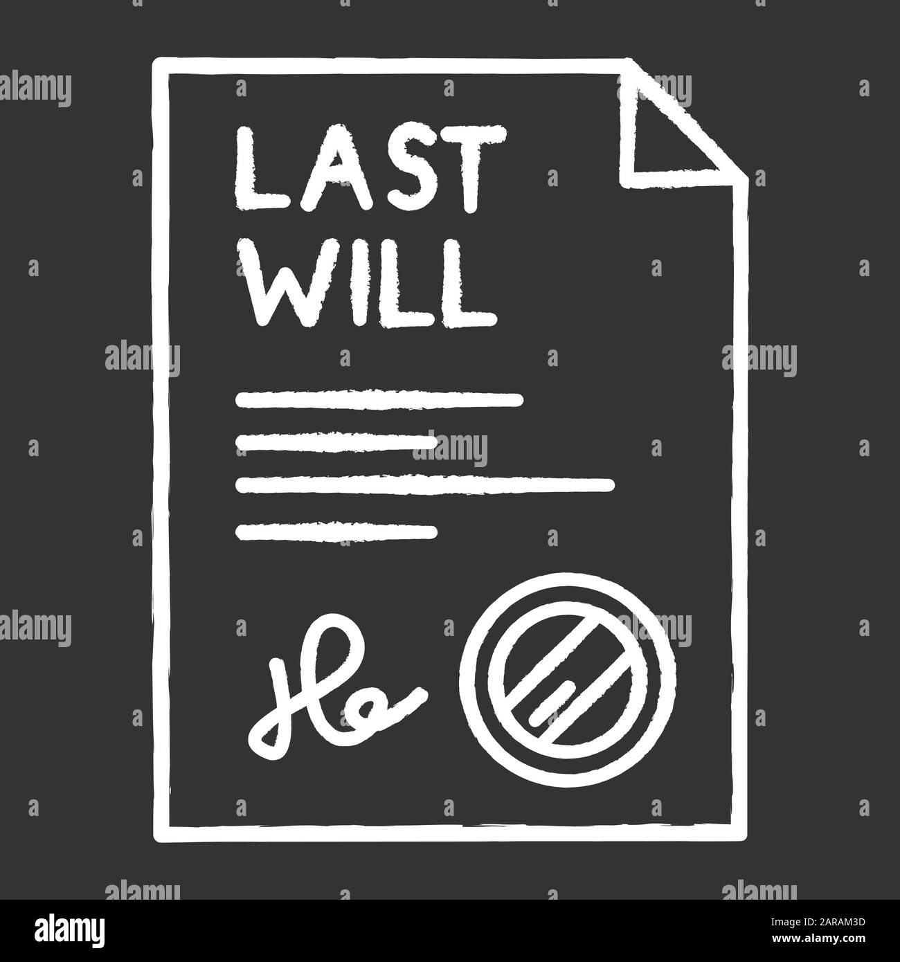 Signed last will chalk white icon on black background. Document with ...