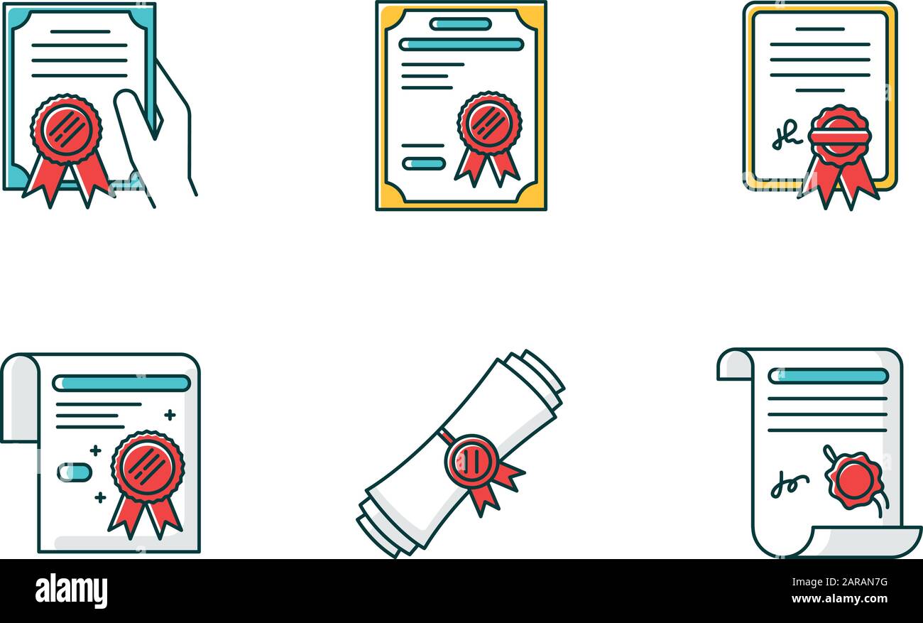 Certificates RGB color icons set. Apostille and legalization. Diploma ...