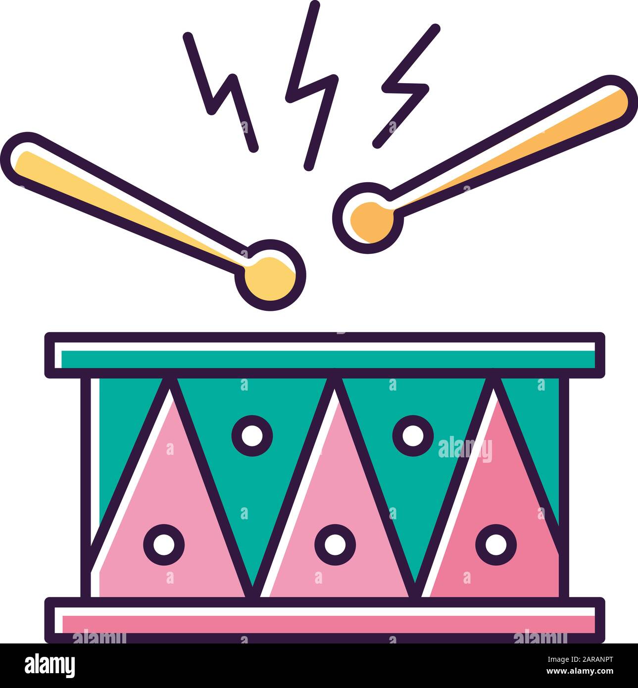 Drum with drumsticks green and pink RGB color icon. Musical instrument ...
