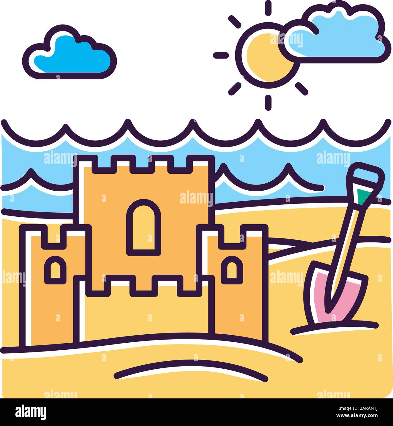 Ocean beach yellow RGB color icon. Marine shore. Sand castle. Maritime ...