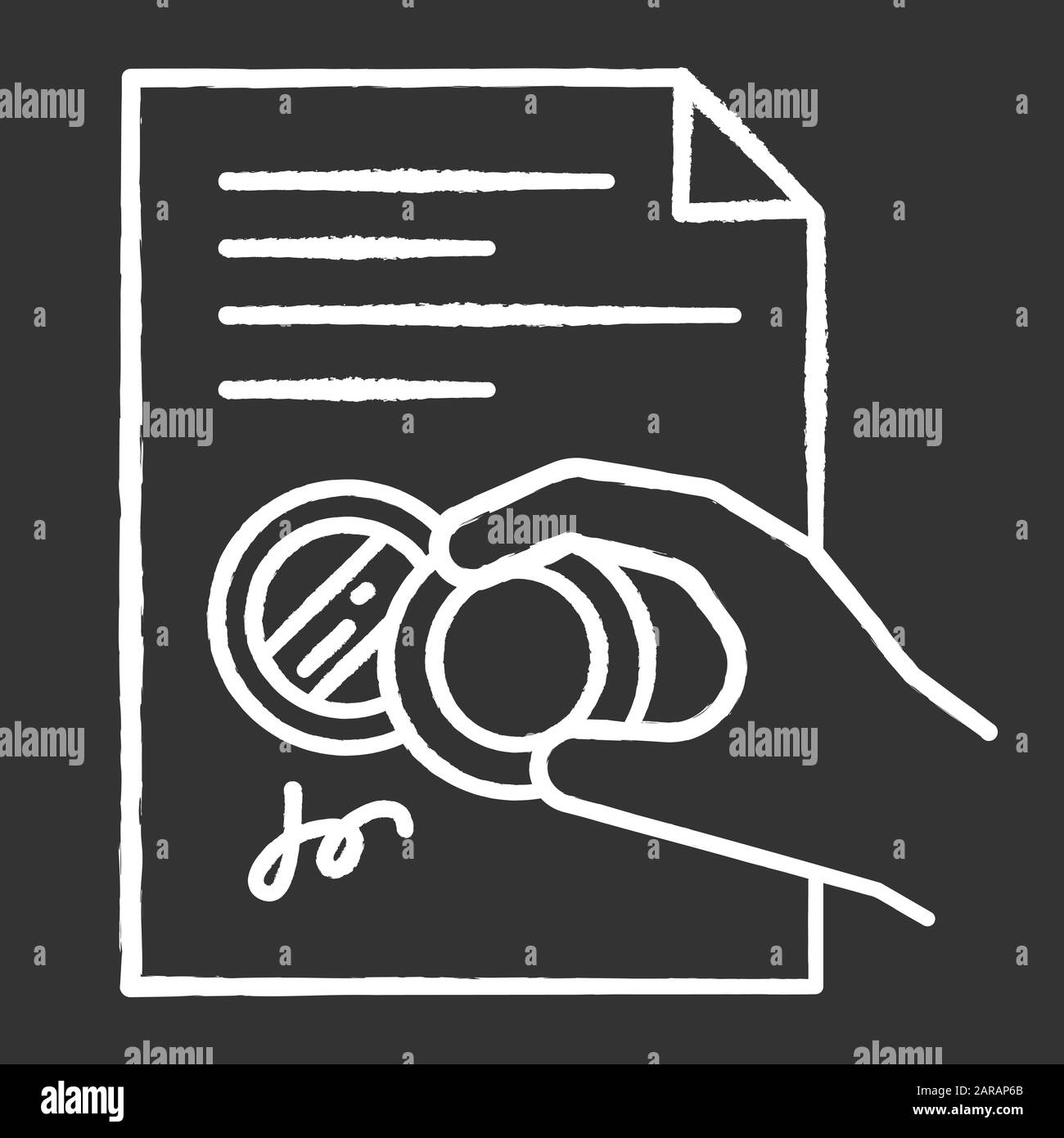 Hand with stamp chalk white icon on black background. Signed notarized ...