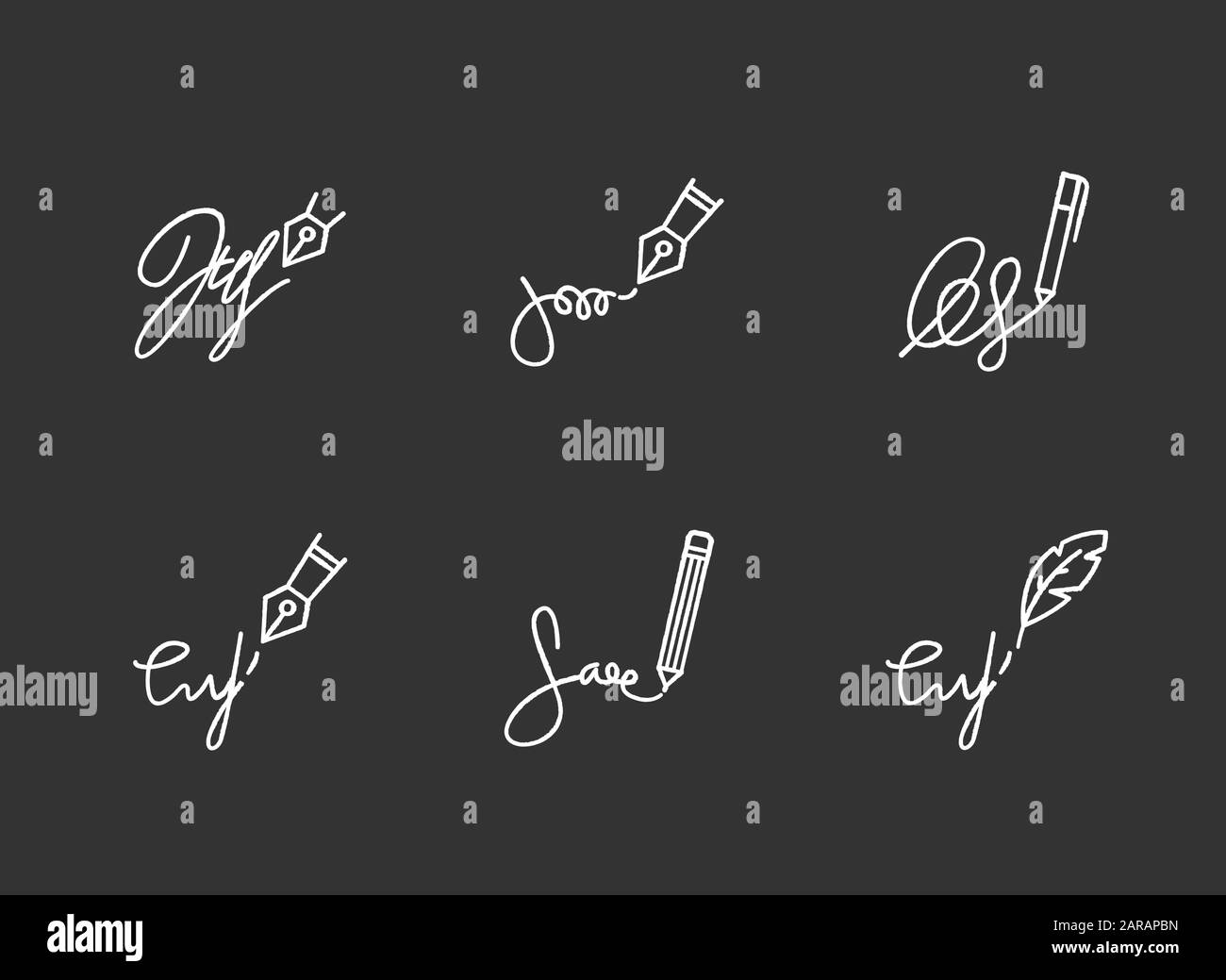 Signatures chalk white icons set on black background. Apostille and ...