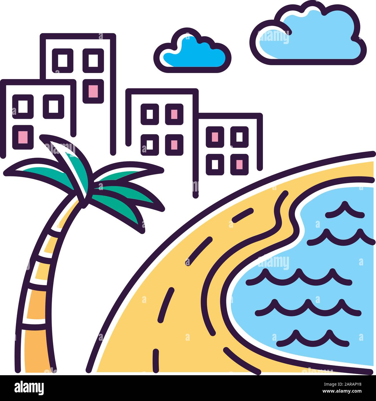 Brazil ocean beach yellow RGB color icon. Skyscrapers and pond ...