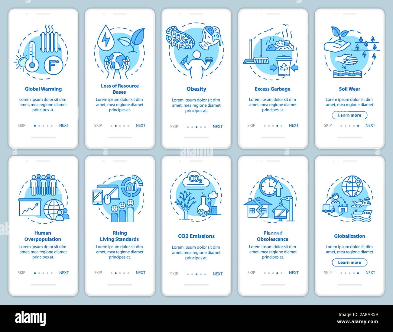 Overconsumption onboarding mobile app page screen with concepts ...