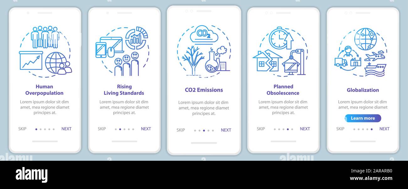 Overconsumption onboarding mobile app page screen with concepts ...