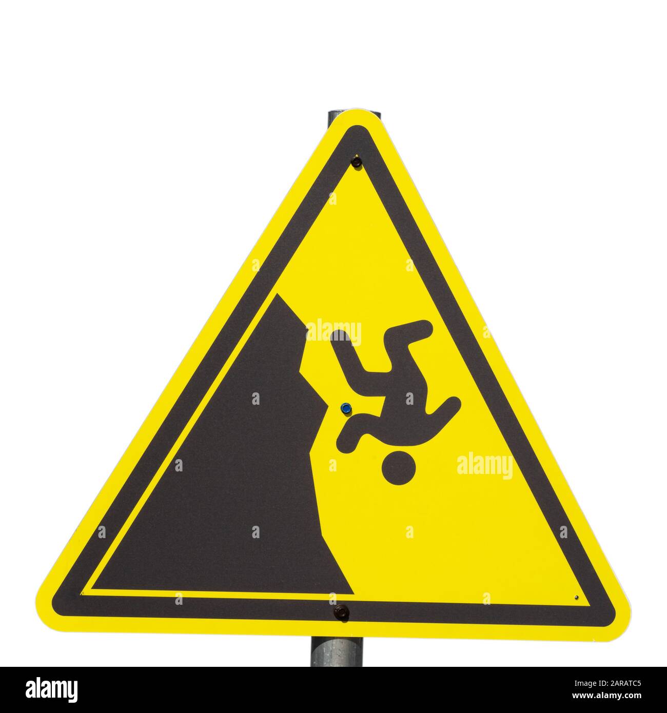 Yellow triangular sign with a man falling from a cliff on white ...