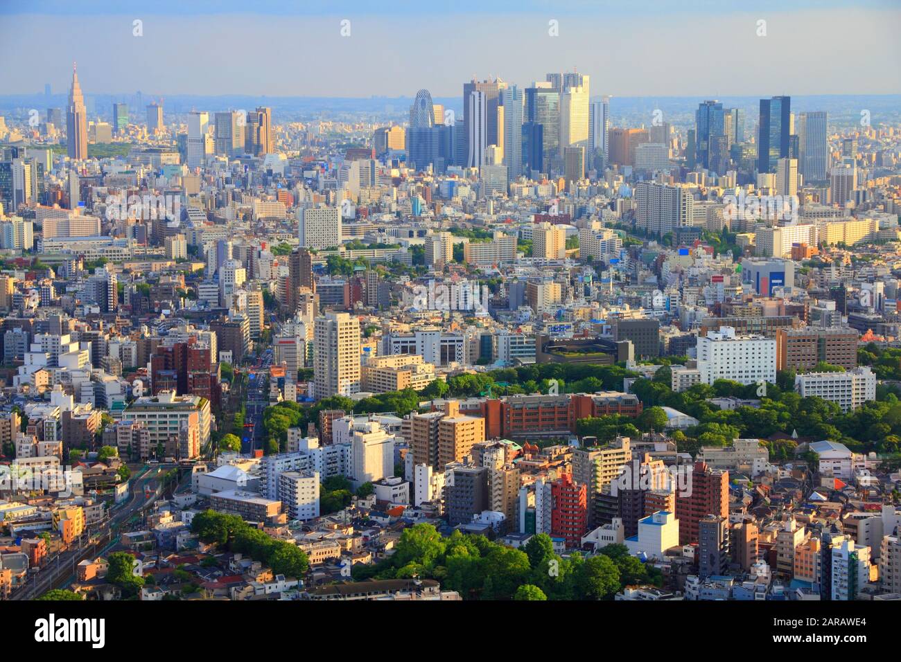 Tokyo skyline - urban sprawl cityscape with Toshima and Shinjuku wards. Warm sunset light Stock ...