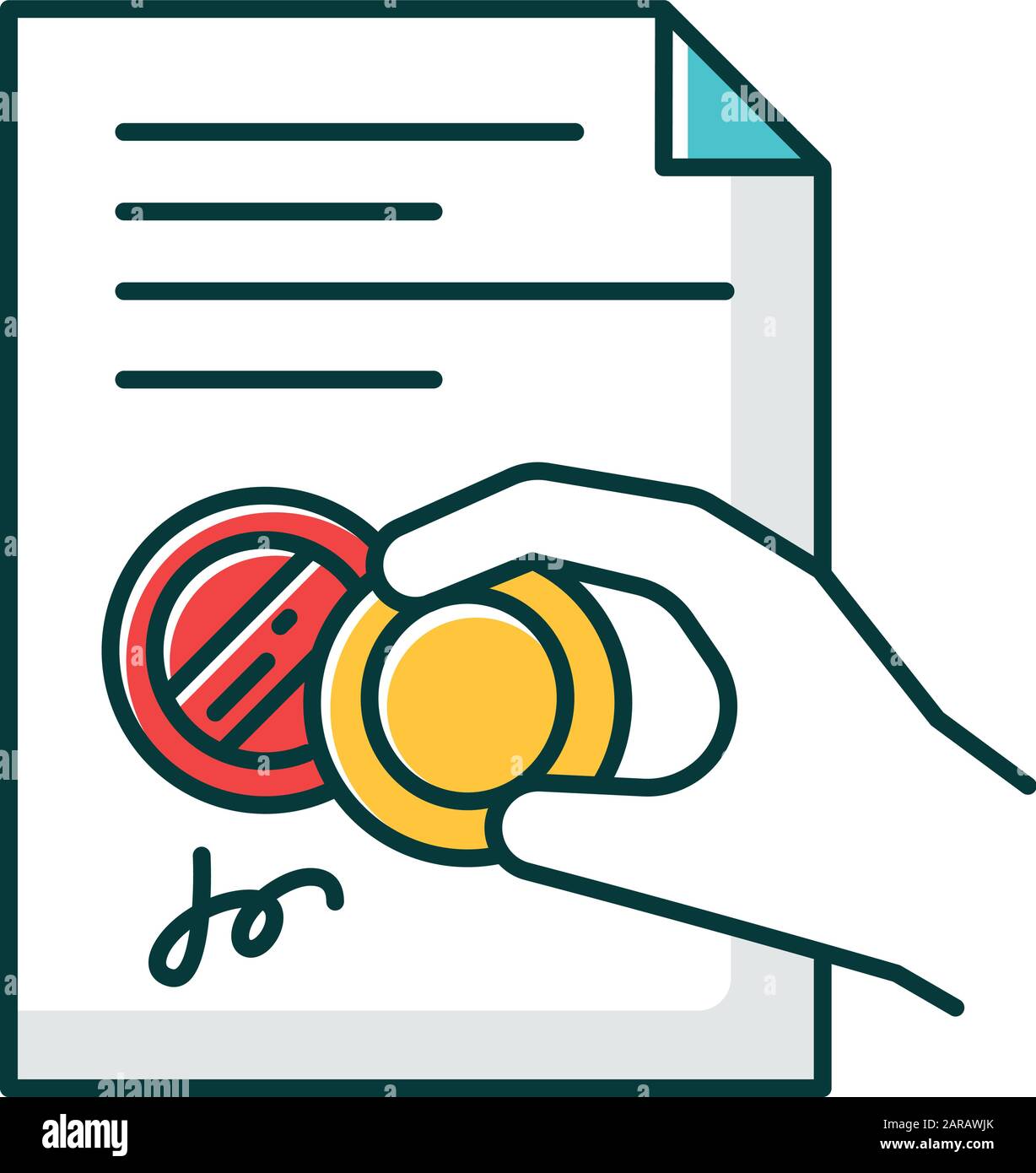 Hand with stamp RGB color icon. Certificate. Signed notarized document ...