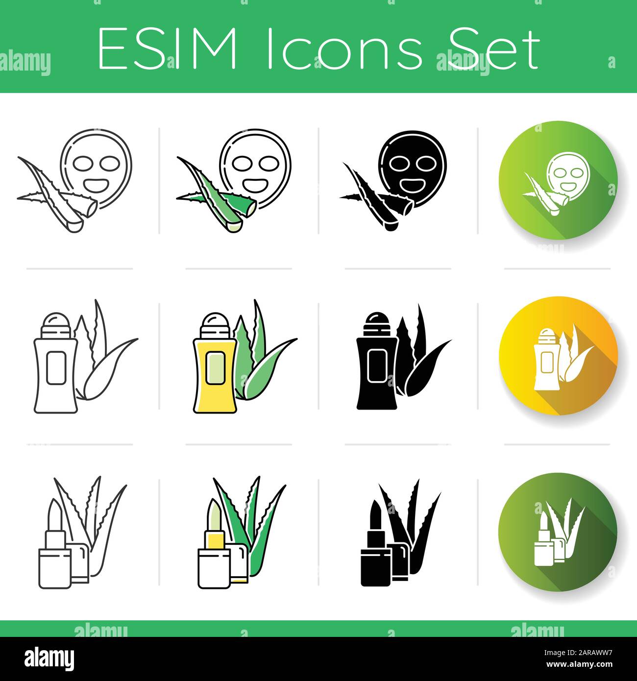 Aloe vera icons set. Facial sheet mask. Natural deodorant. Organic ...