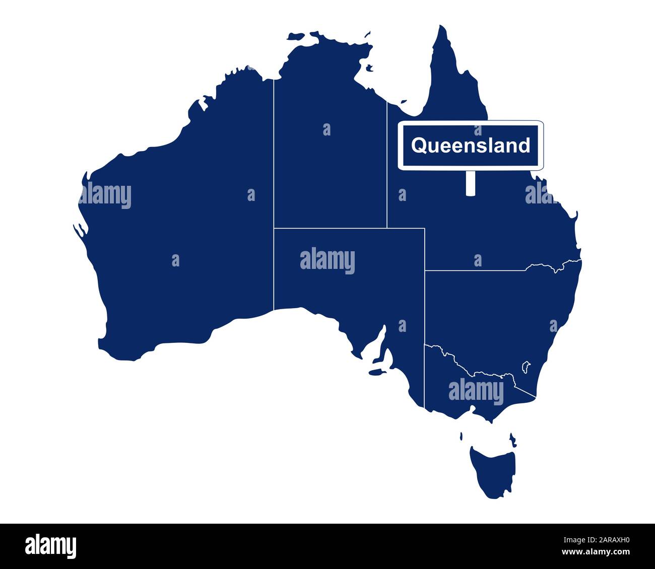 Queensland with map of Australia and road sign Stock Photo - Alamy