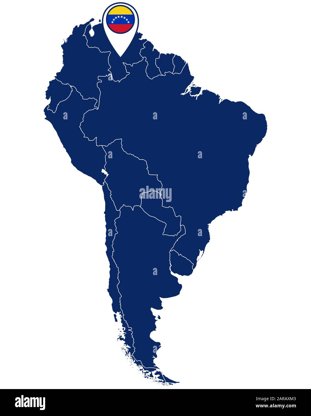 Flag of Venezuela in location pin and map of South America Stock Photo ...
