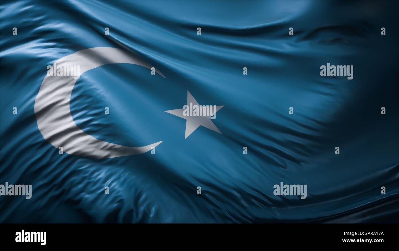 National flag of East Turkestan on a waving cotton texture background ...